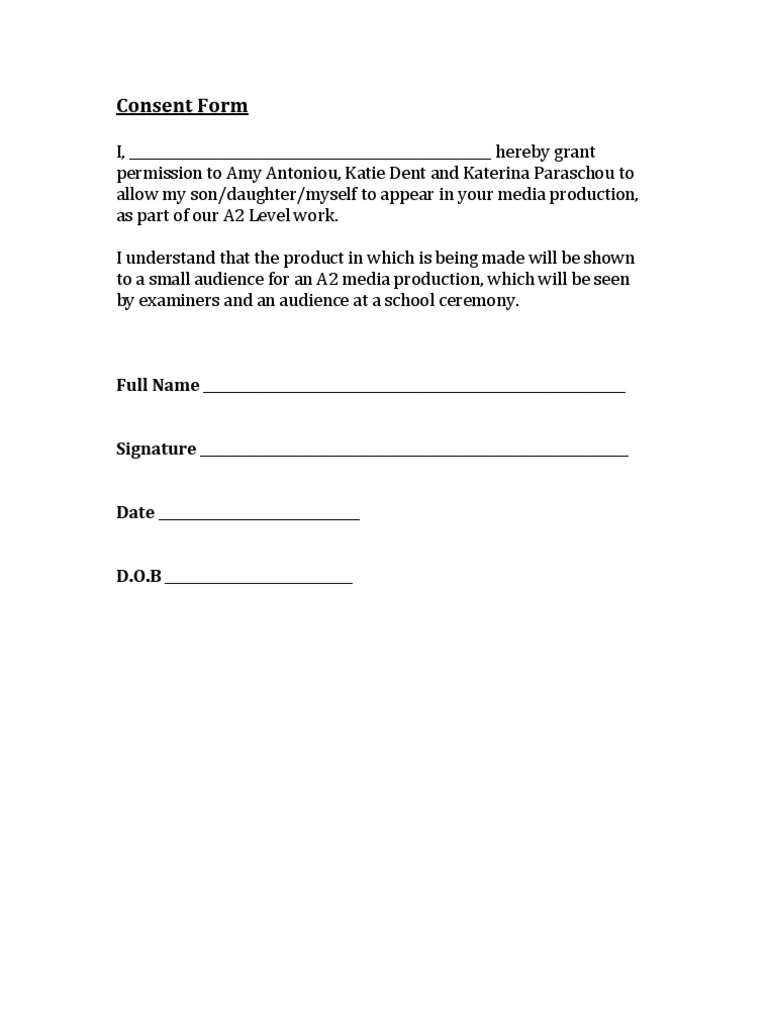 A2 Media Production Consent Form | PDF | Career & Growth | Finance ...