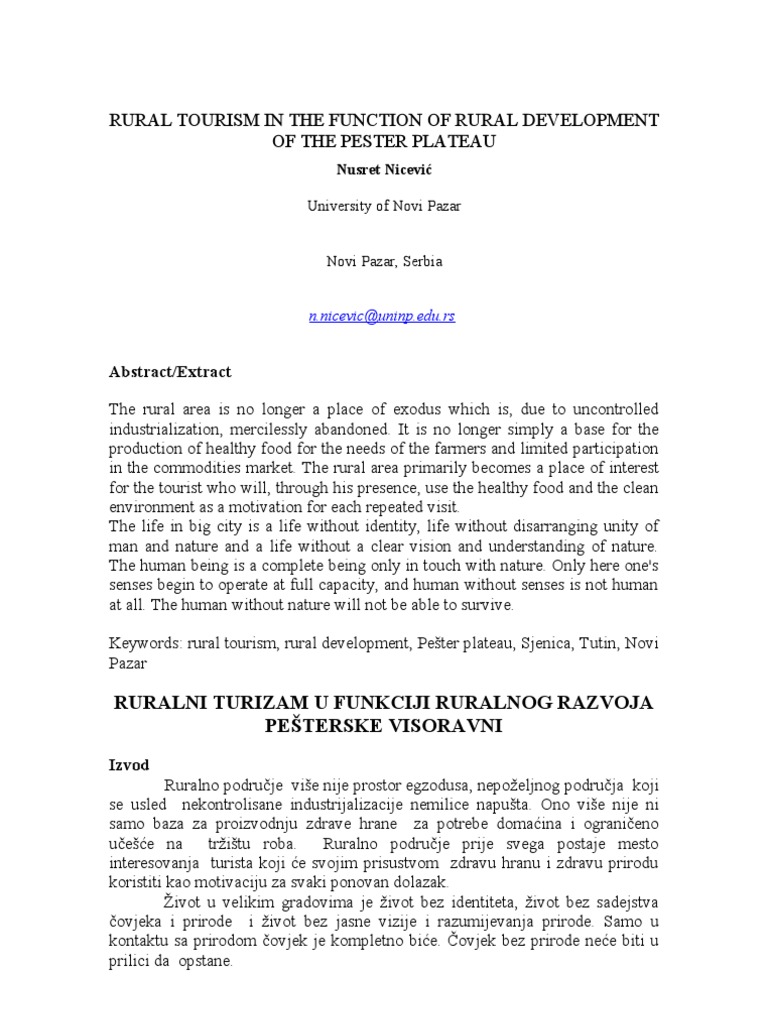 Ruralni Turizam U Funkciji Ruralnog Razovja Pesterske Visoravni Doc DR Nusret Nicevic | PDF