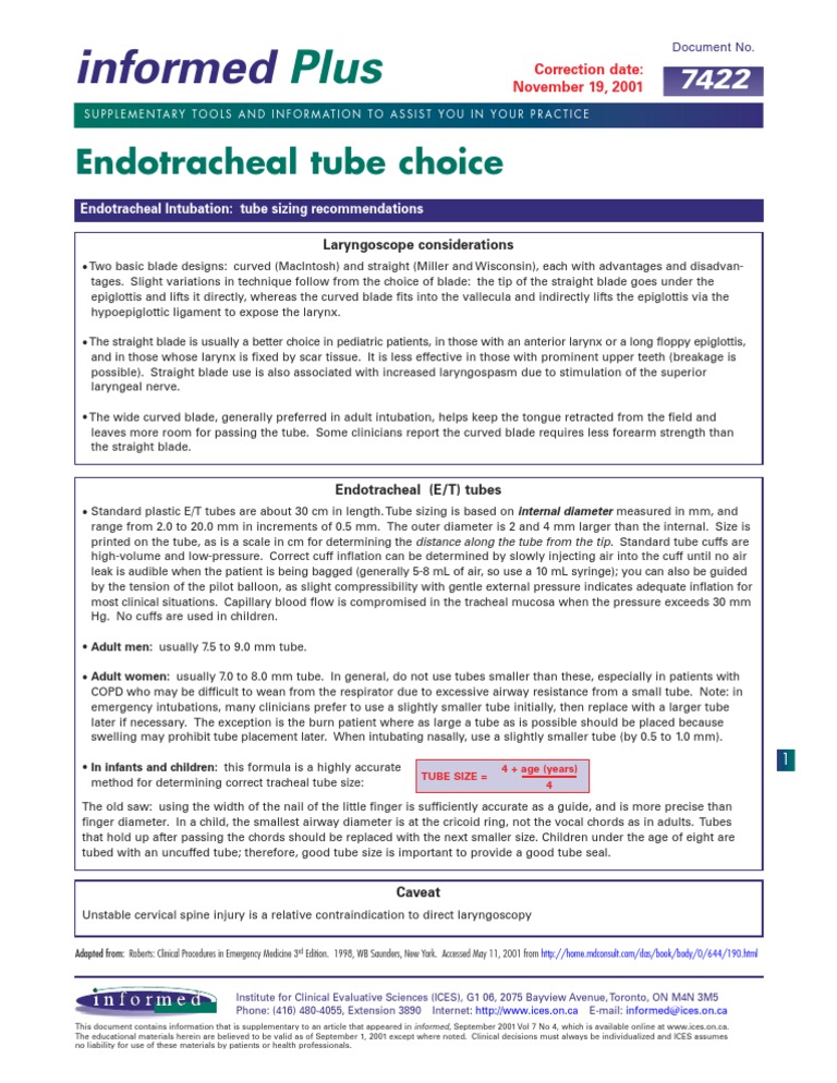 Endotracheal Tube Size | PDF | Medicine | Medical Specialties