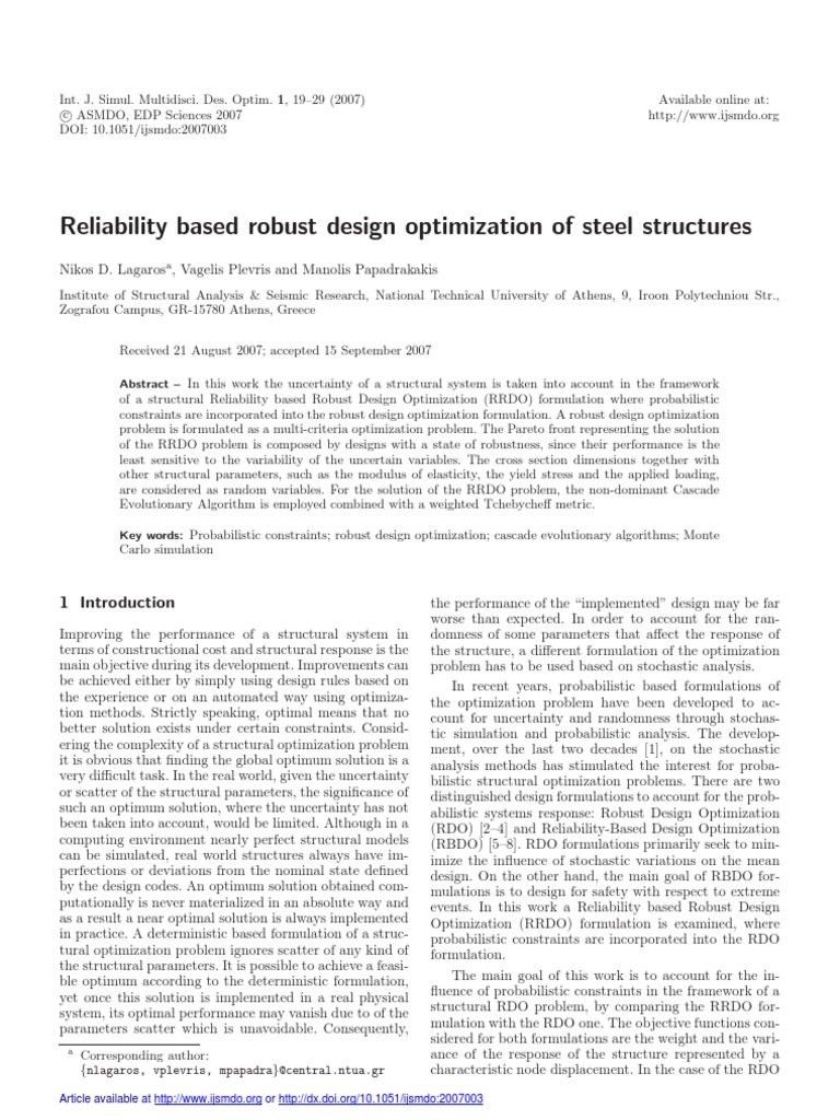 Reliability Based Robust Design Optimization of Steel Structures | PDF | Mathematical ...