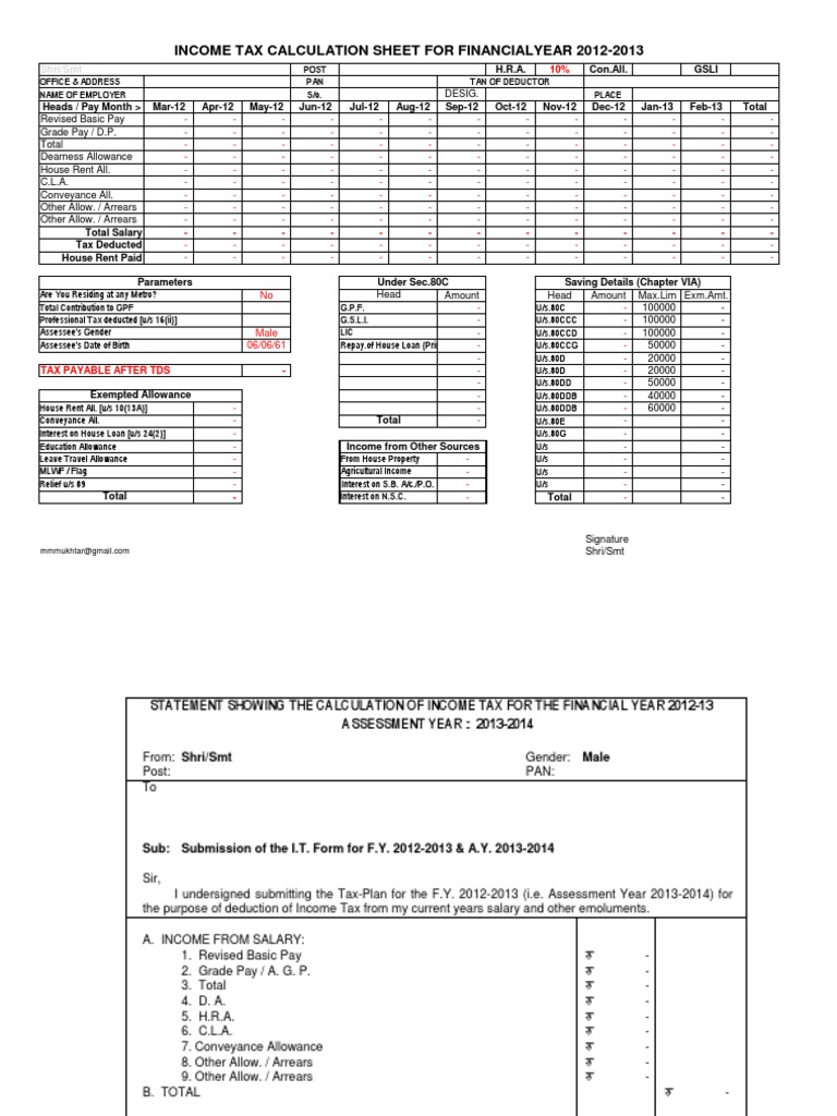 Income Tax Calculation FY 2012-13 | PDF | Deductible | Taxes