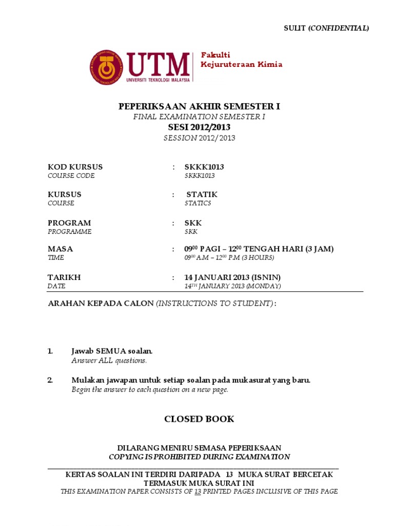 Statics Final Exam Paper 2013 | PDF | Truss | Quantity