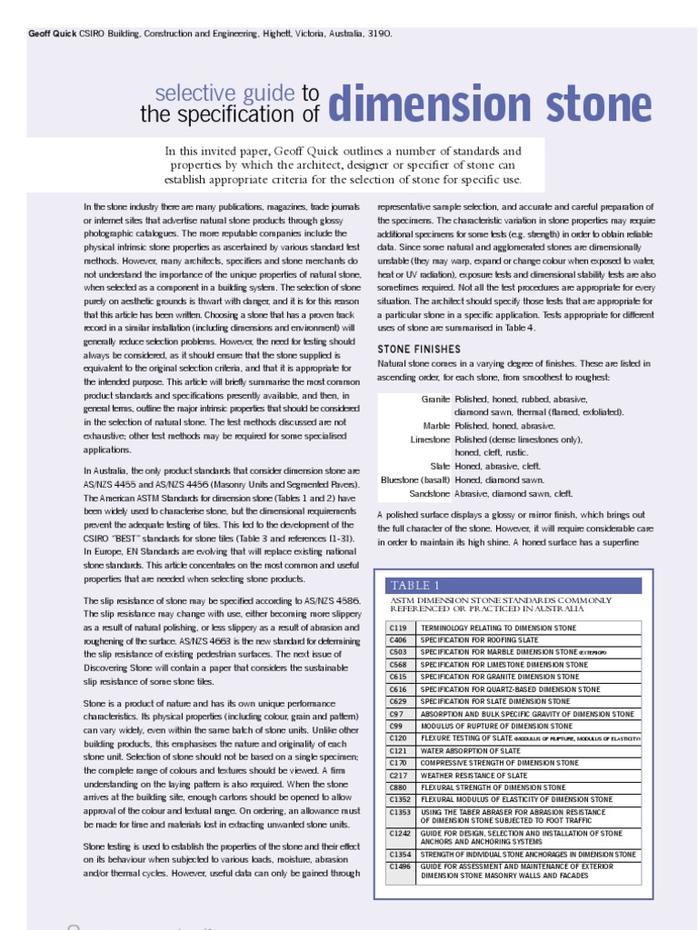 Dimension Stone: To The Specification of | PDF
