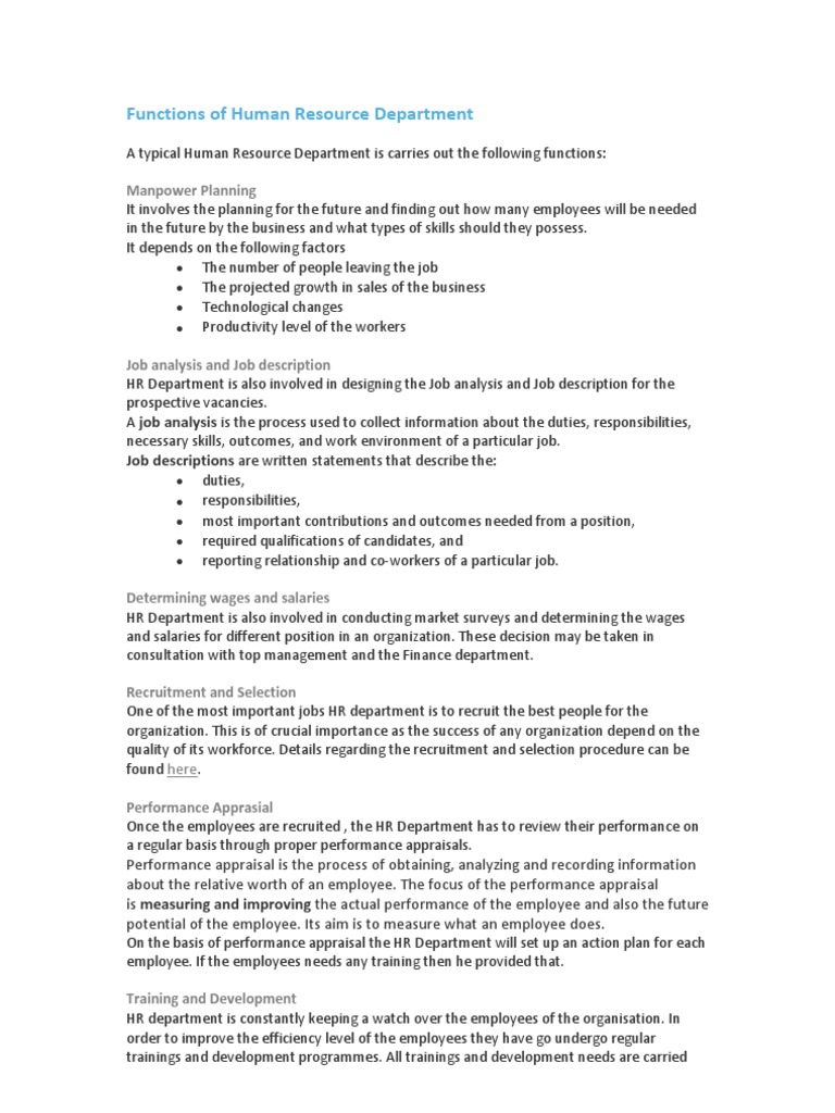 Functions of Human Resource Department | PDF | Employment | Human ...