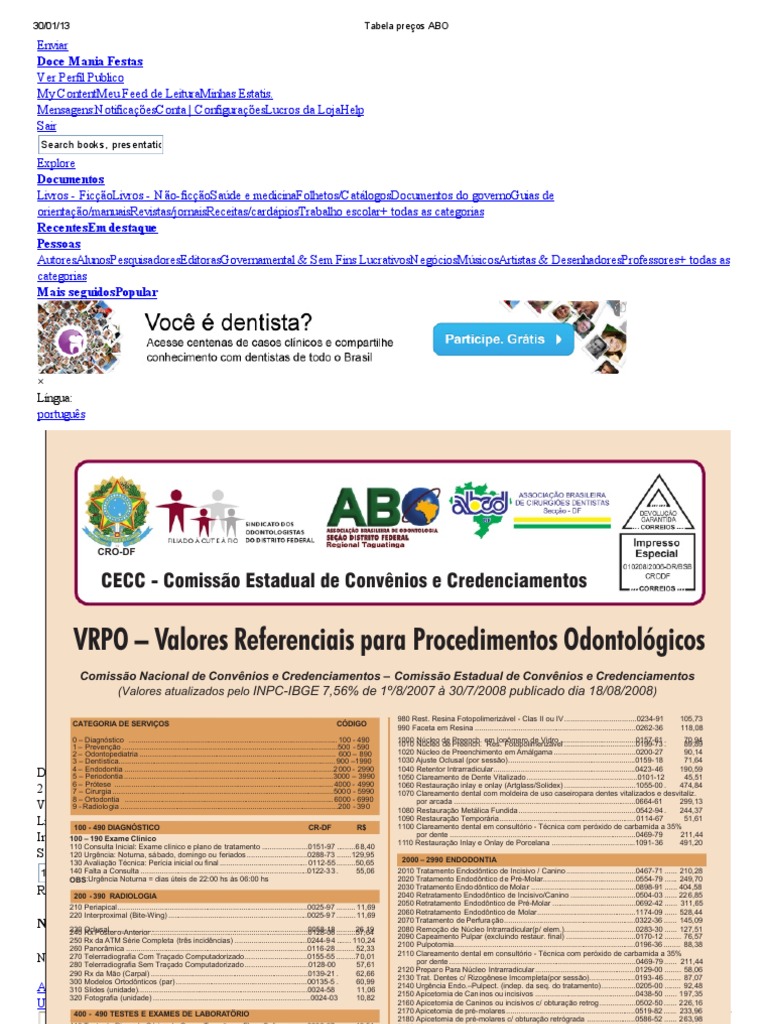 Tabela Preços ABO | Download grátis PDF | Áreas da odontologia ...