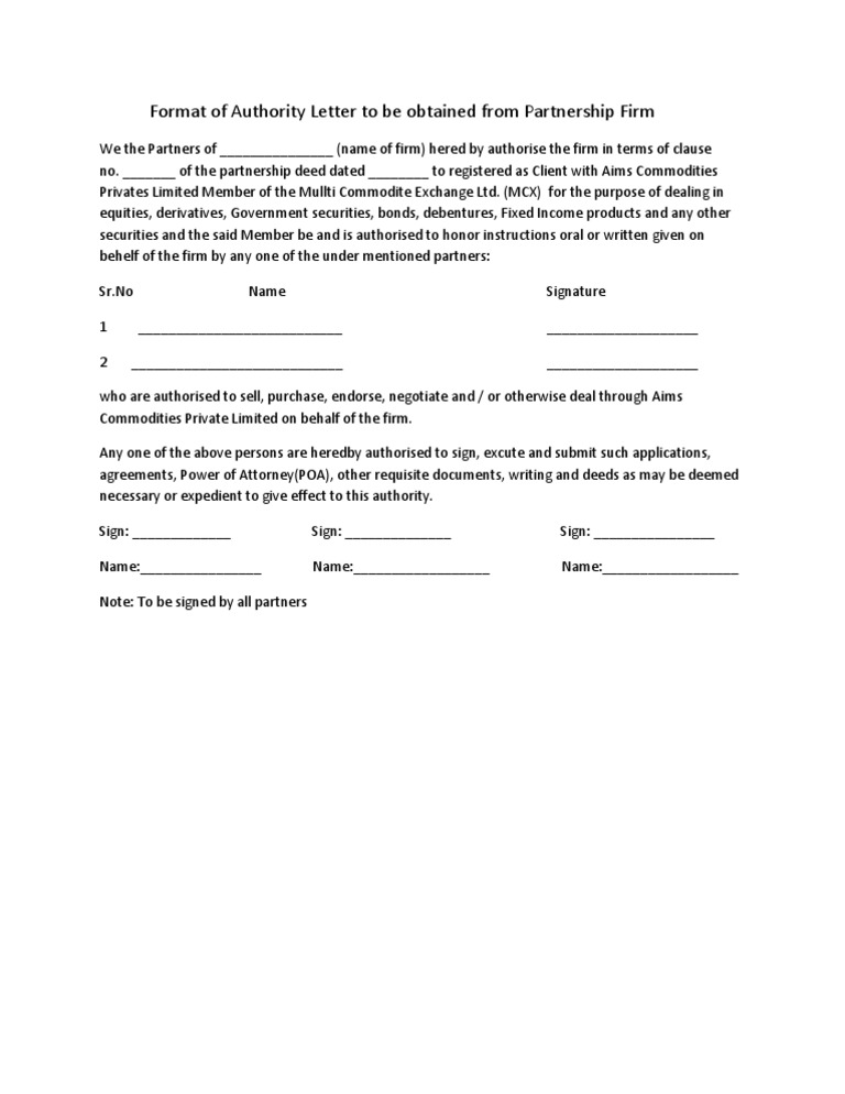 Authority Letter for Partnership Firm | PDF | Finance & Money Management