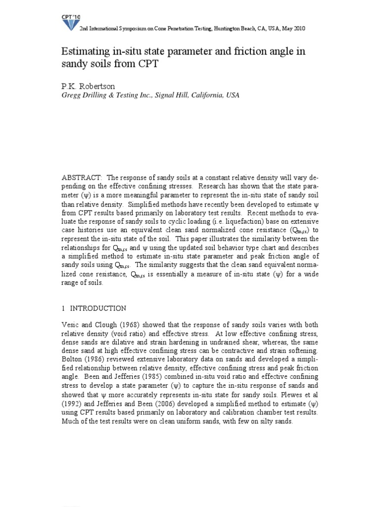 Estimating in Situ State Parameter Anf Friction Angle in Sandy Soils ...