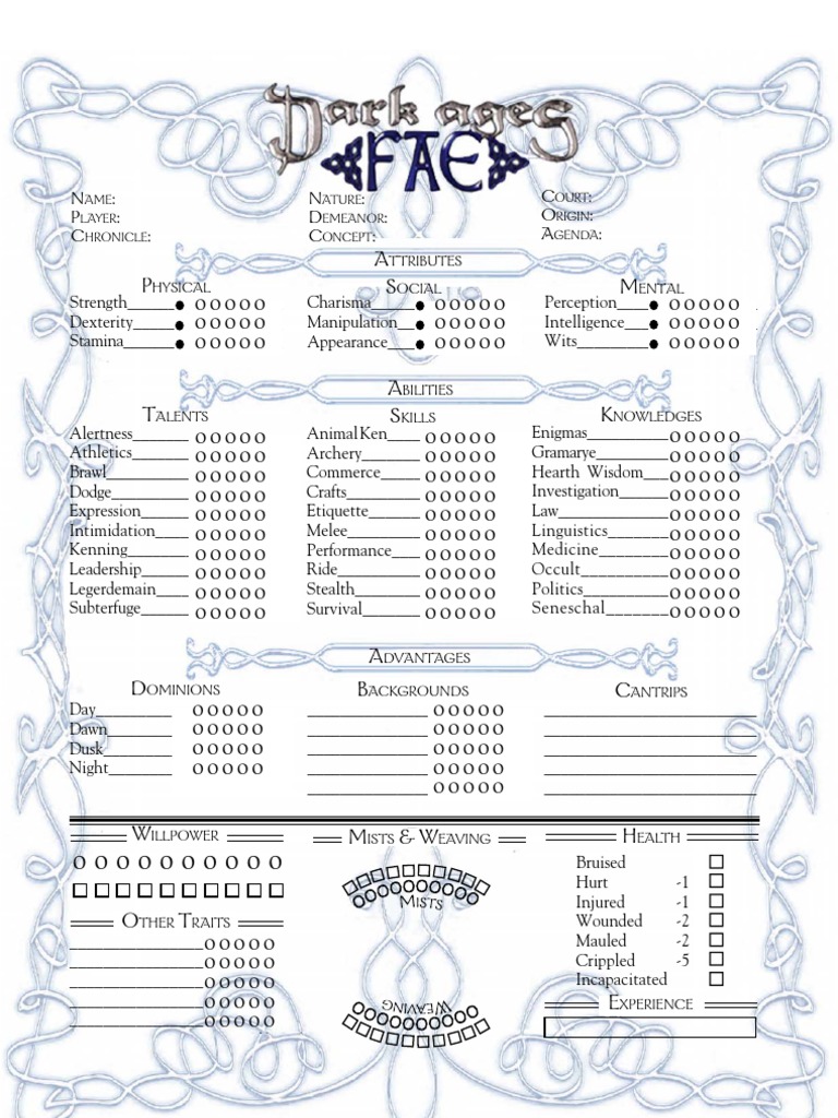 Dark Ages Fae Sheet Color | Fairies | Leisure