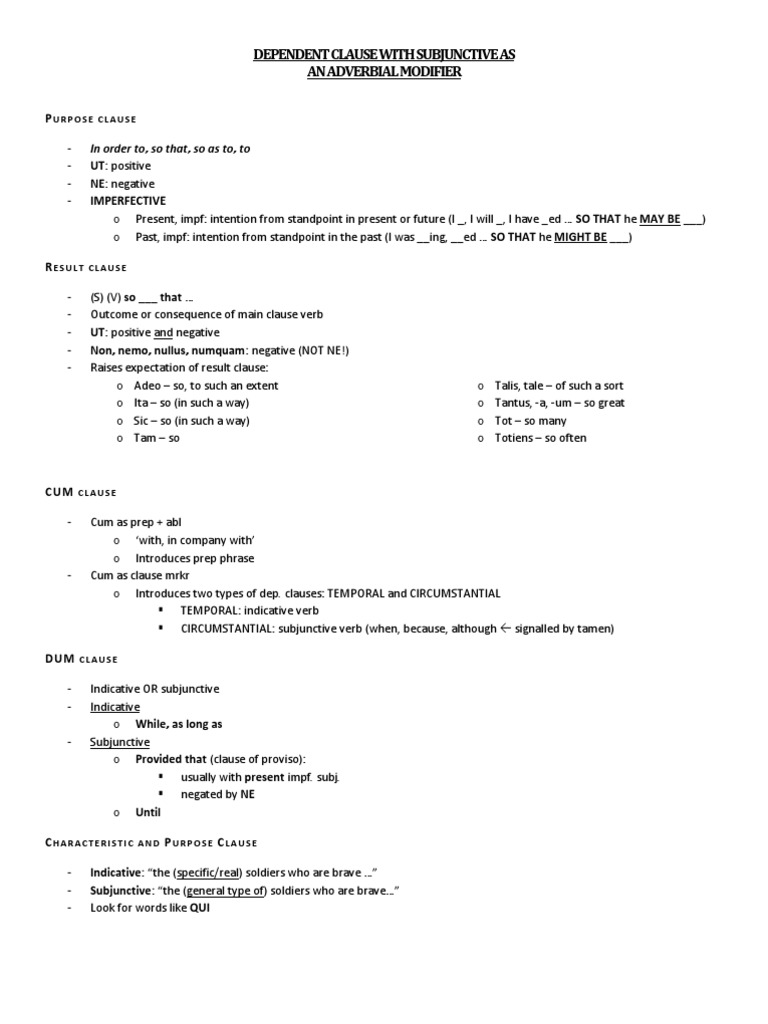 Latin: Dependent Clause With Subjunctive (Summary) | PDF