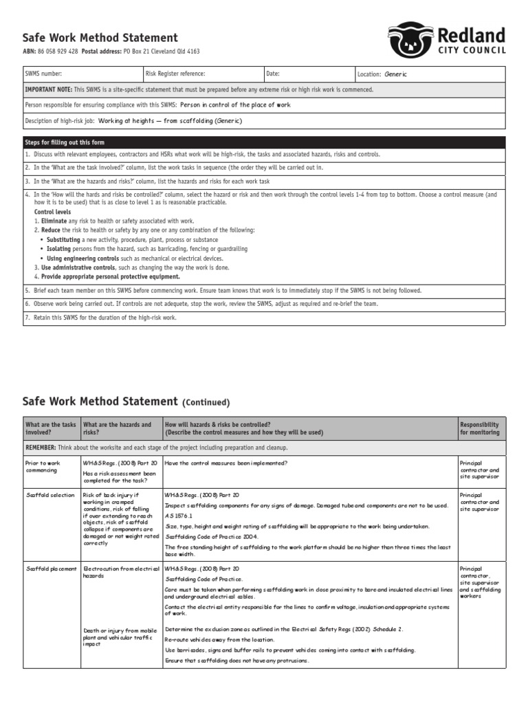 Safe Work Method Statement Scaffolding | PDF | Scaffolding | Risk