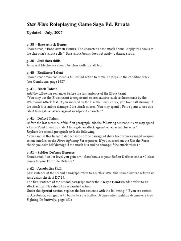 Star Wars Saga Edition - Core Rulebook Errata | PDF | Weaponry | Unrest
