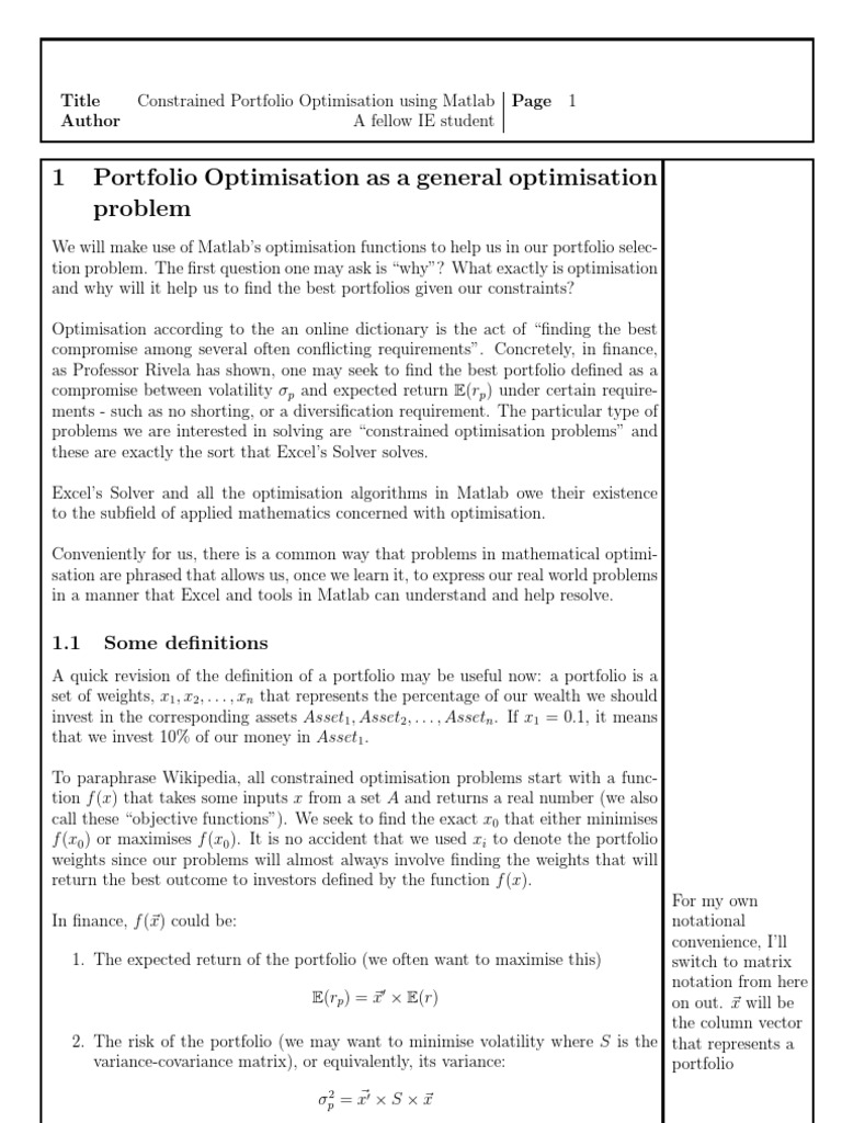 Portfolio Optimisation in Matlab | PDF | Mathematical Optimization ...