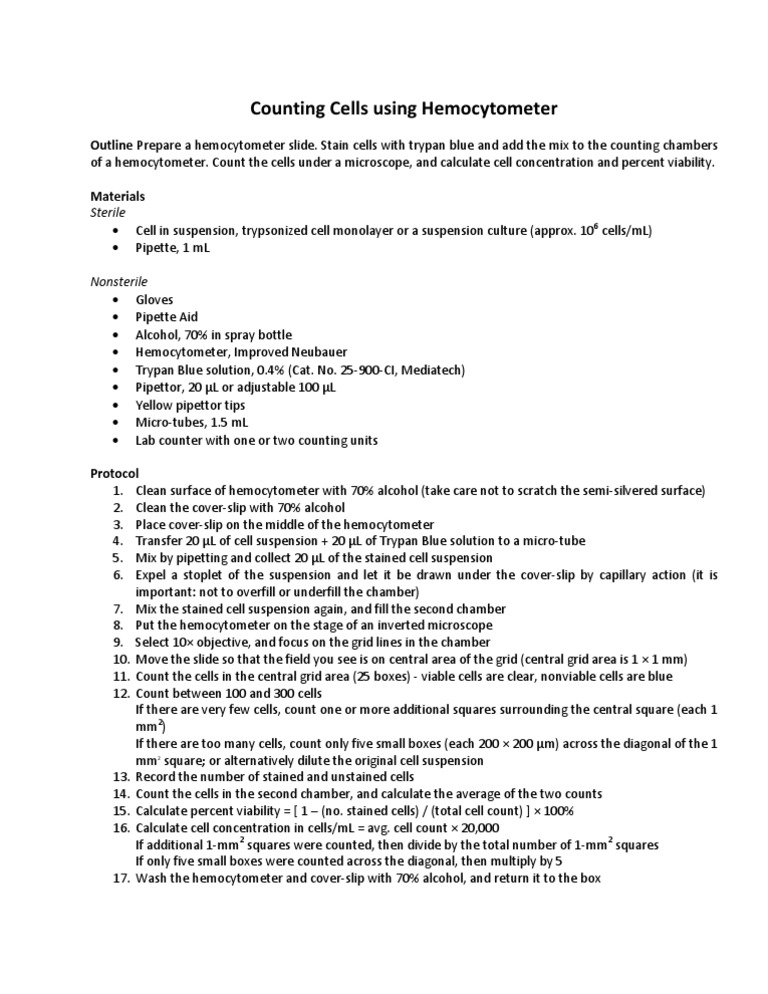 Cell Counting with Hemocytometer Guide | PDF | Cell (Biology ...