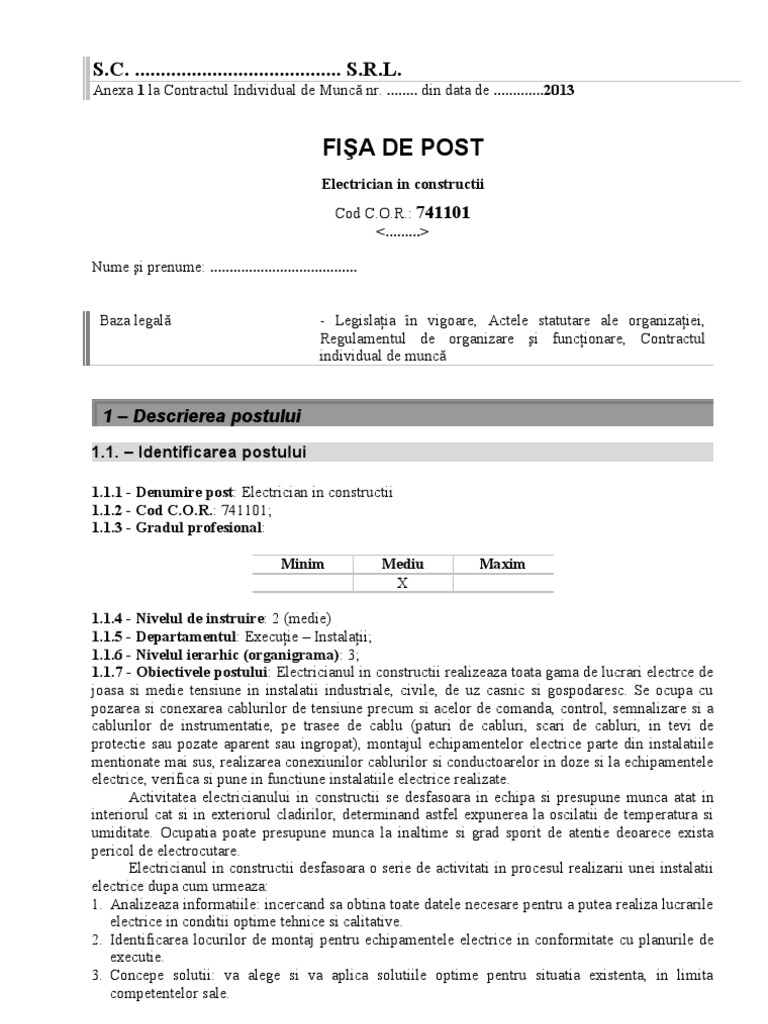 Fisa post electrician in constructii