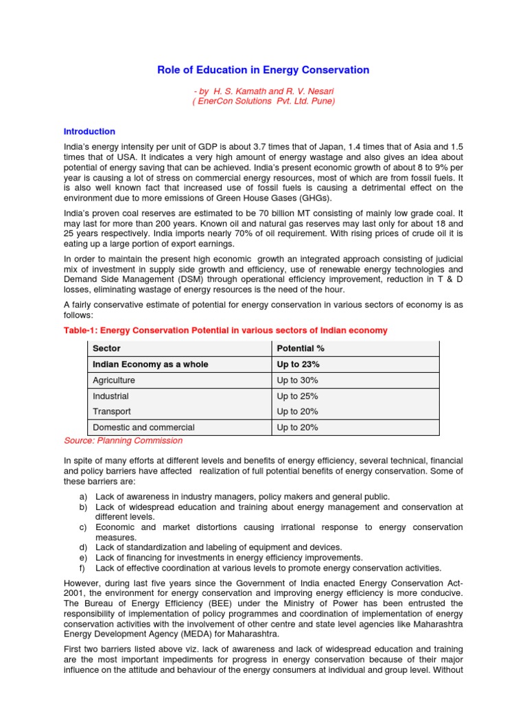 Role of Education in Energy Conservation | PDF | Energy Conservation ...