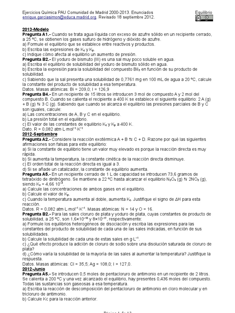 Q5 PAU Equilibrio | PDF | Equilibrio químico | Velocidad de reacción
