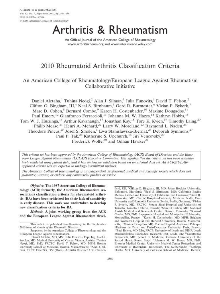 2010 Rheumatoid Arthritis Classification Criteria | PDF