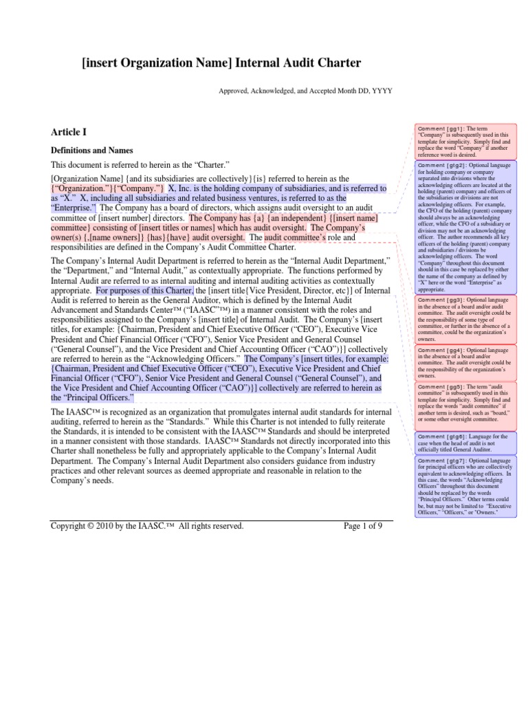 Internal Audit Charter Template | Internal Audit | Audit Committee