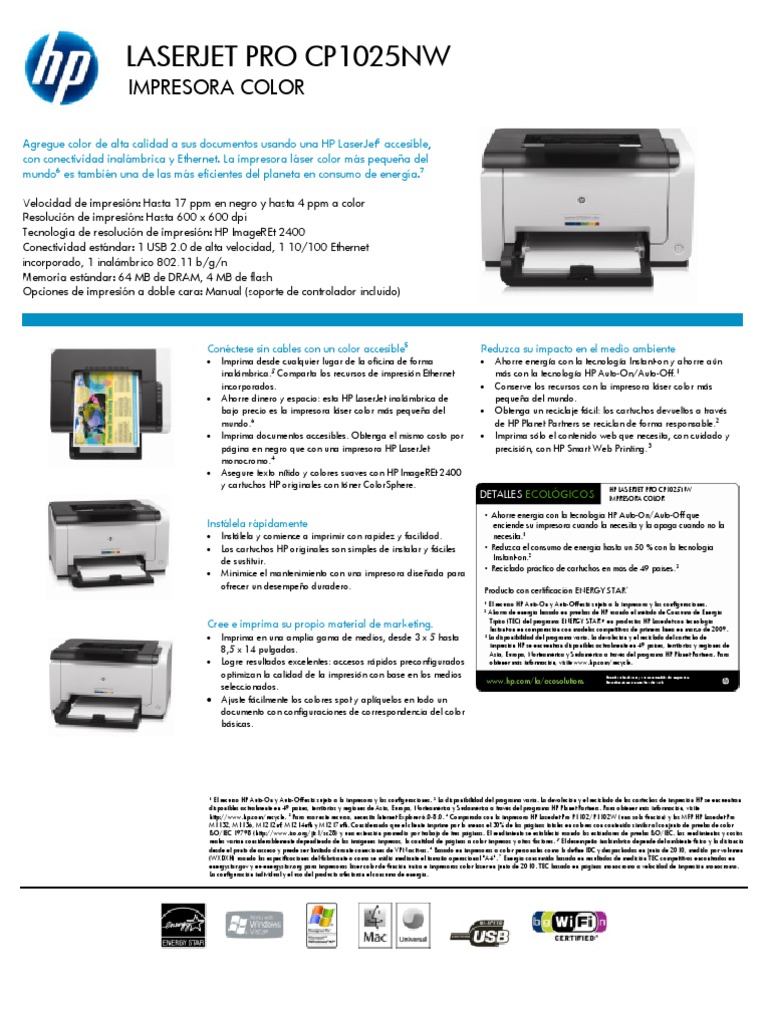 Laser HP Cp1025nw | PDF | Impresora (Computación) | Hewlett Packard