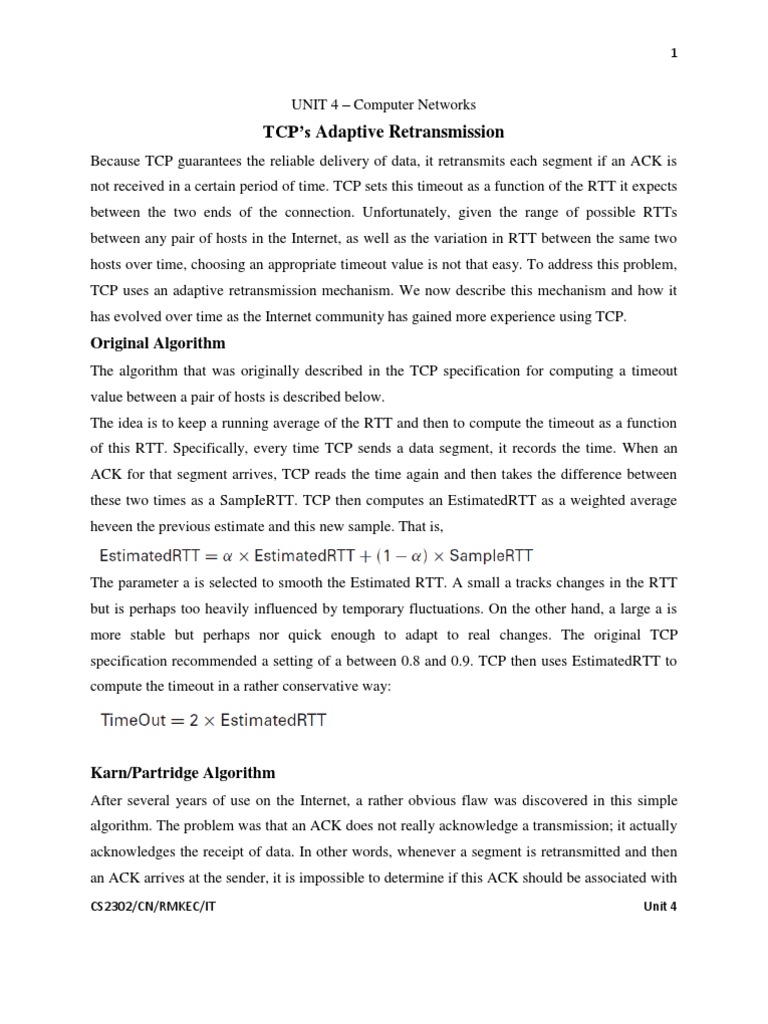 TCP Adaptive Retransmission Mechanisms | PDF | Network Congestion ...
