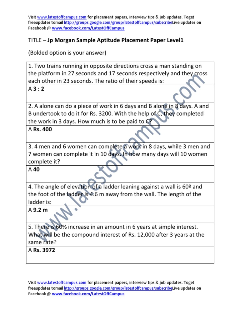 JP Morgan Sample Aptitude Placement Paper Level1 | PDF | Speed | Nature