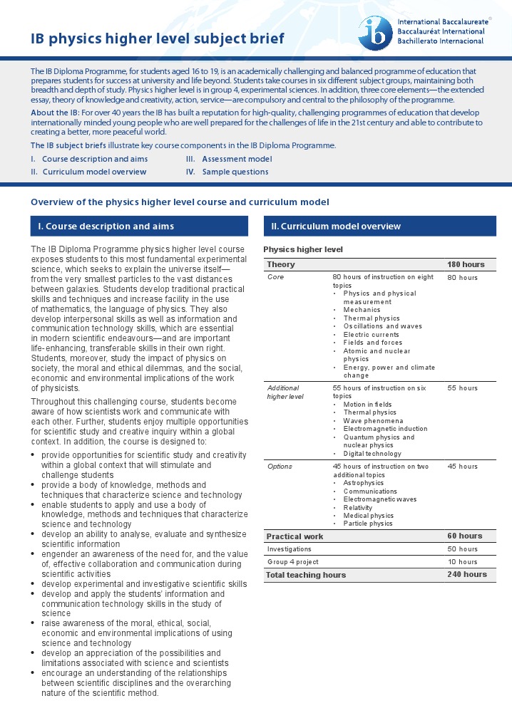 Ib Physics Higher Level Subject Brief | PDF | Multiple Choice | Science