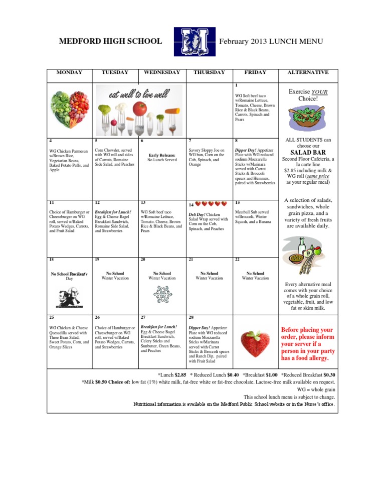 Medford High School February Lunch Menu | PDF | Lunch | School Meal