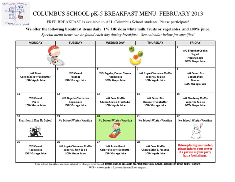 Columbus Elementary Breakfast Menu February 2013 | PDF