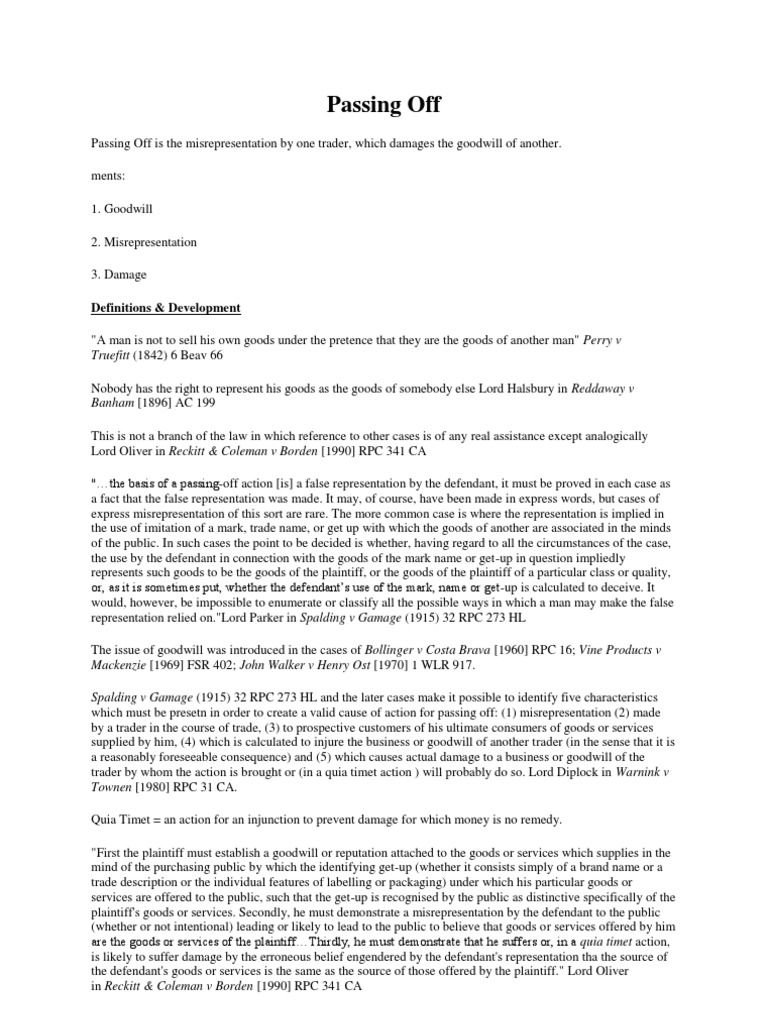 passing off | Misrepresentation | Trademark