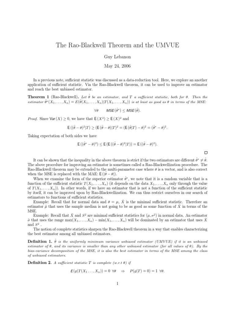 Rao-Blackwell Theorem and Finding the UMVUE | PDF | Estimator | Bias Of ...
