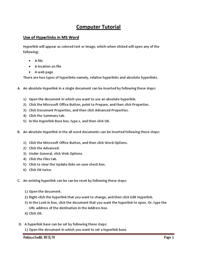 Computer Tutorial: Use of Hyperlinks in MS Word | PDF | Hyperlink ...