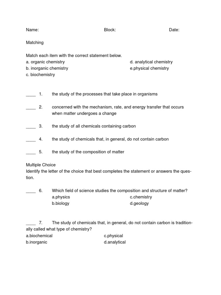 Chapter 1 test | Chemistry | Observation