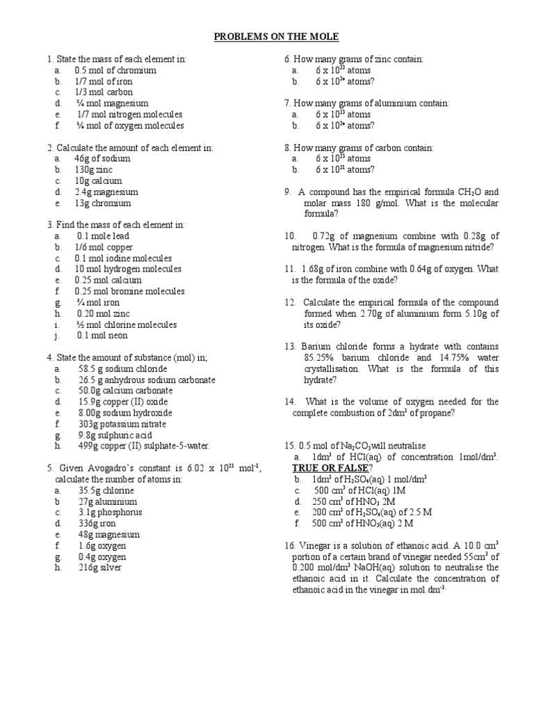Moles Worksheet | PDF | Mole (Unit) | Oxygen