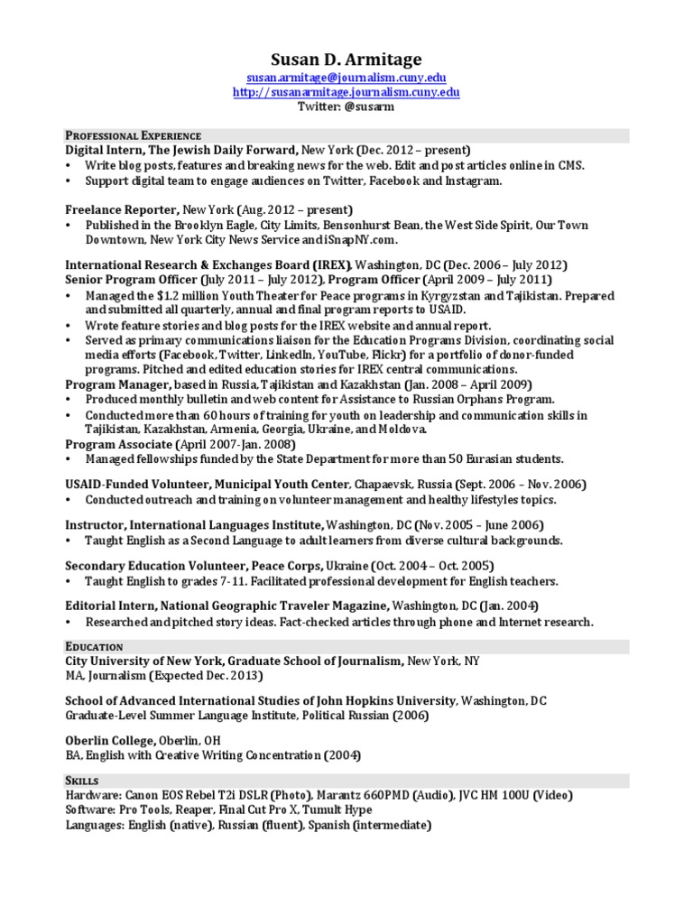Susan Armitage - Resume | PDF | Mass Media | Communication