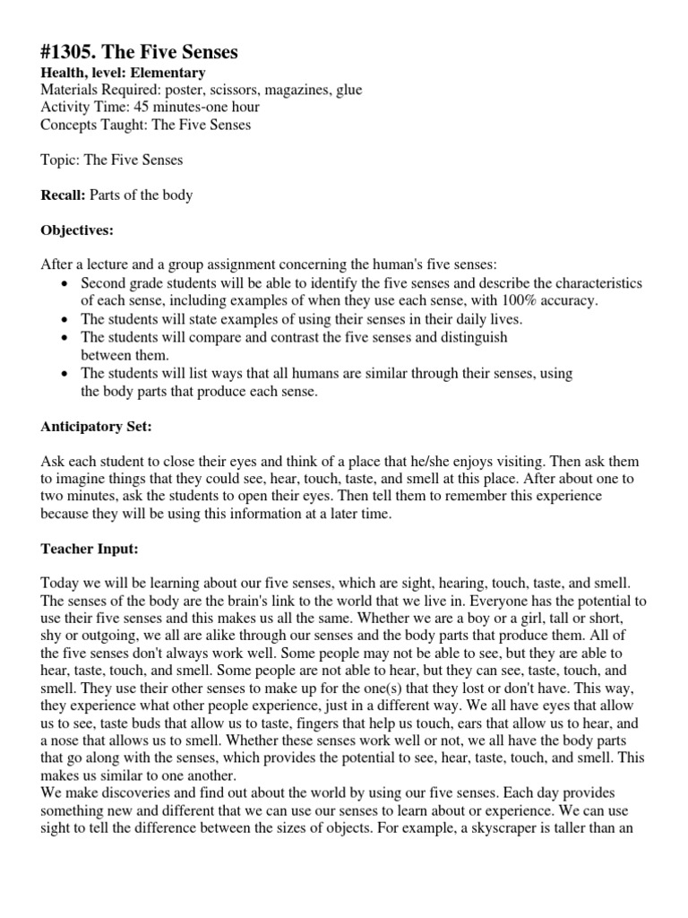 Five Senses Lesson Plan for Grades 1-3 | PDF | Senses | Odor