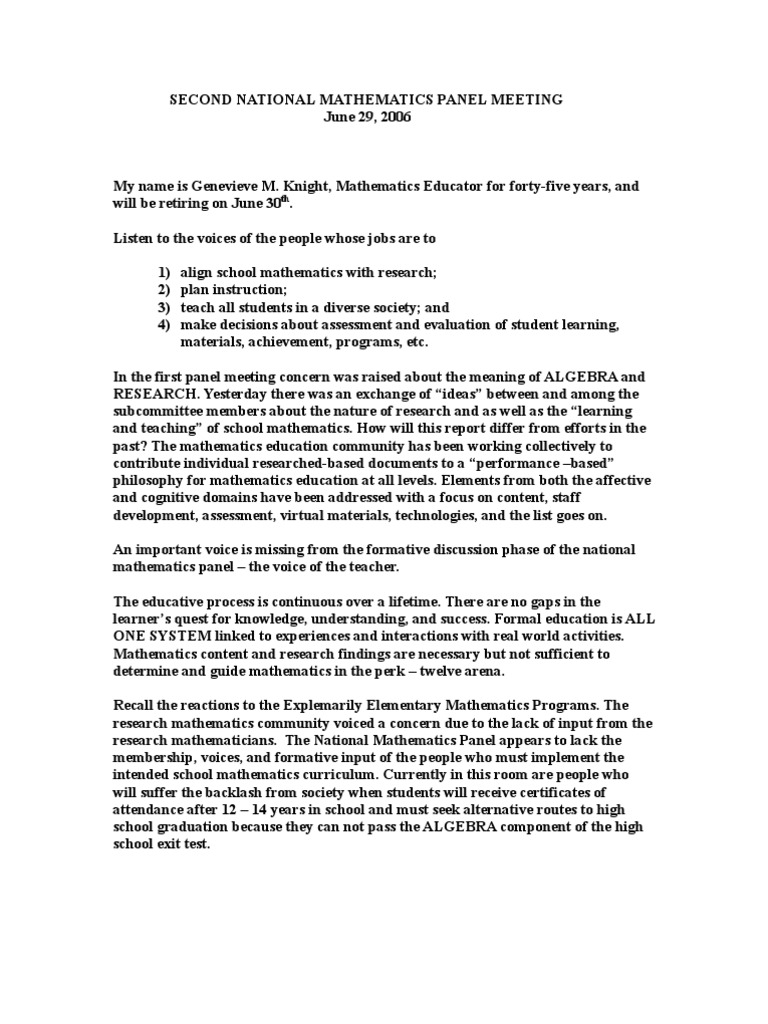 National Math Panel Meeting Insights | PDF | Teaching Mathematics ...