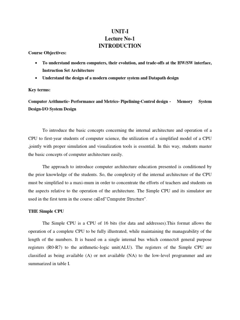 Unit-I Lecture No-1: Course Objectives | PDF | Instruction Set | Central Processing Unit