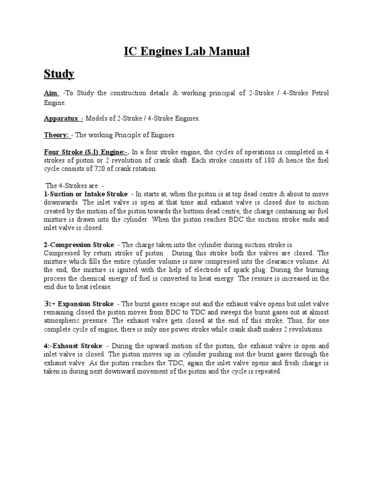 IC Engines Lab Manual Study | PDF | Piston | Internal Combustion Engine