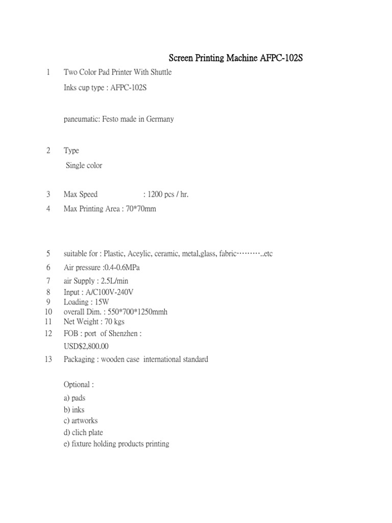 AFPC-102S Two Color Pad Printer Specs | PDF