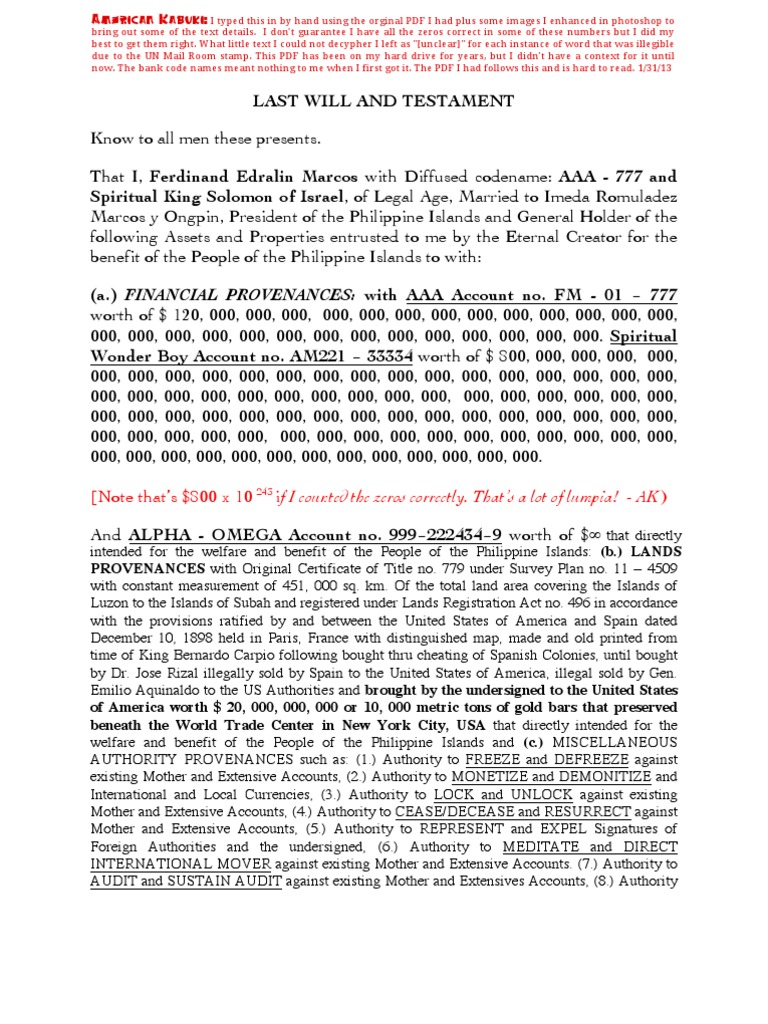 Last Will and Testament of Ferdinand Marcos, President of The ...