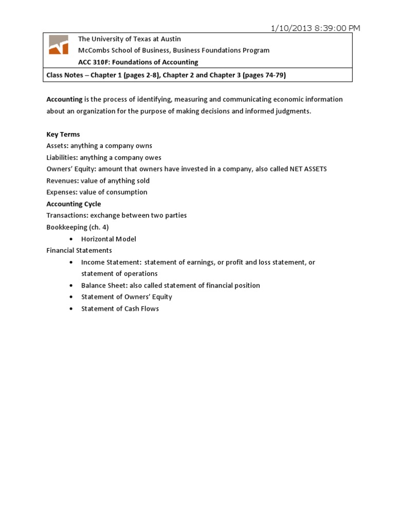 ACC 310F: Foundations of Accounting Class Notes - Chapter 1 (Pages 2-8 ...