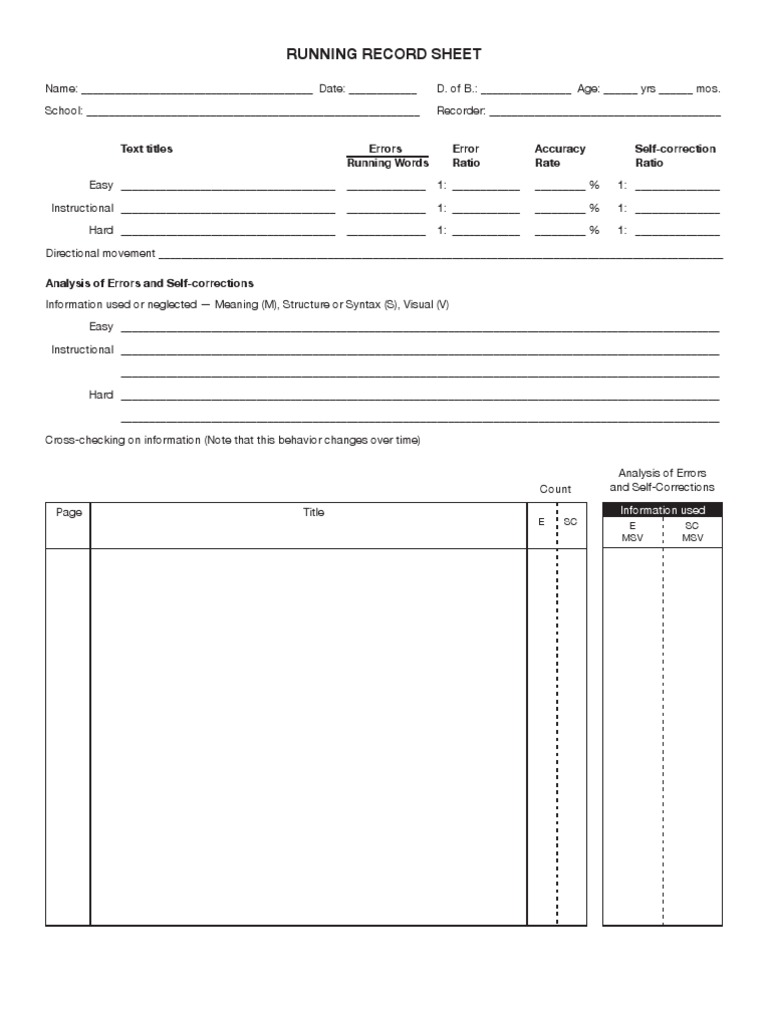 Running Record Error Analysis Sheet | PDF