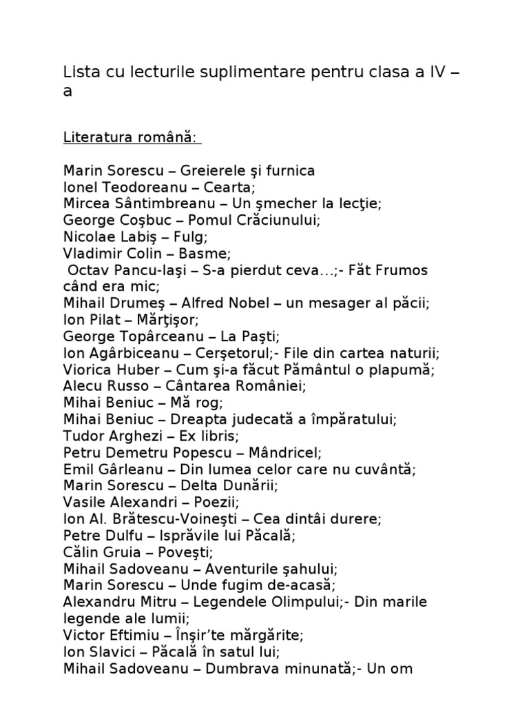 Lista Lecturi Suplimentare Clasa A 4 A | PDF