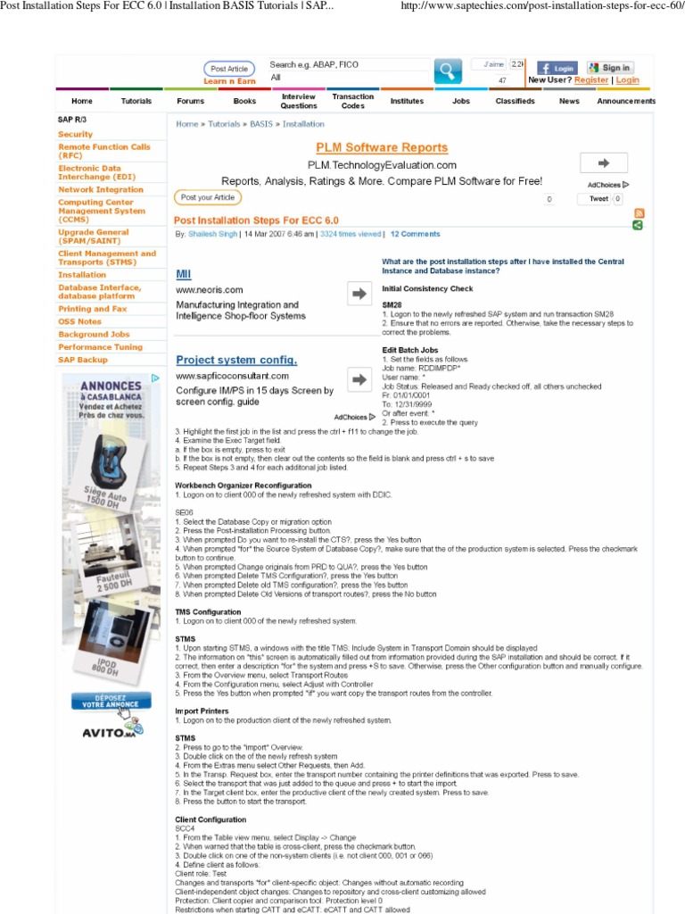 Post Installation Steps For ECC 6.0 - Installation BASIS Tutorials - SAP Techies | PDF