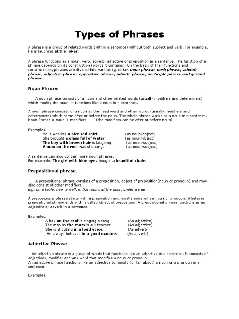 Types of Phrases | PDF | Verb | Adverb