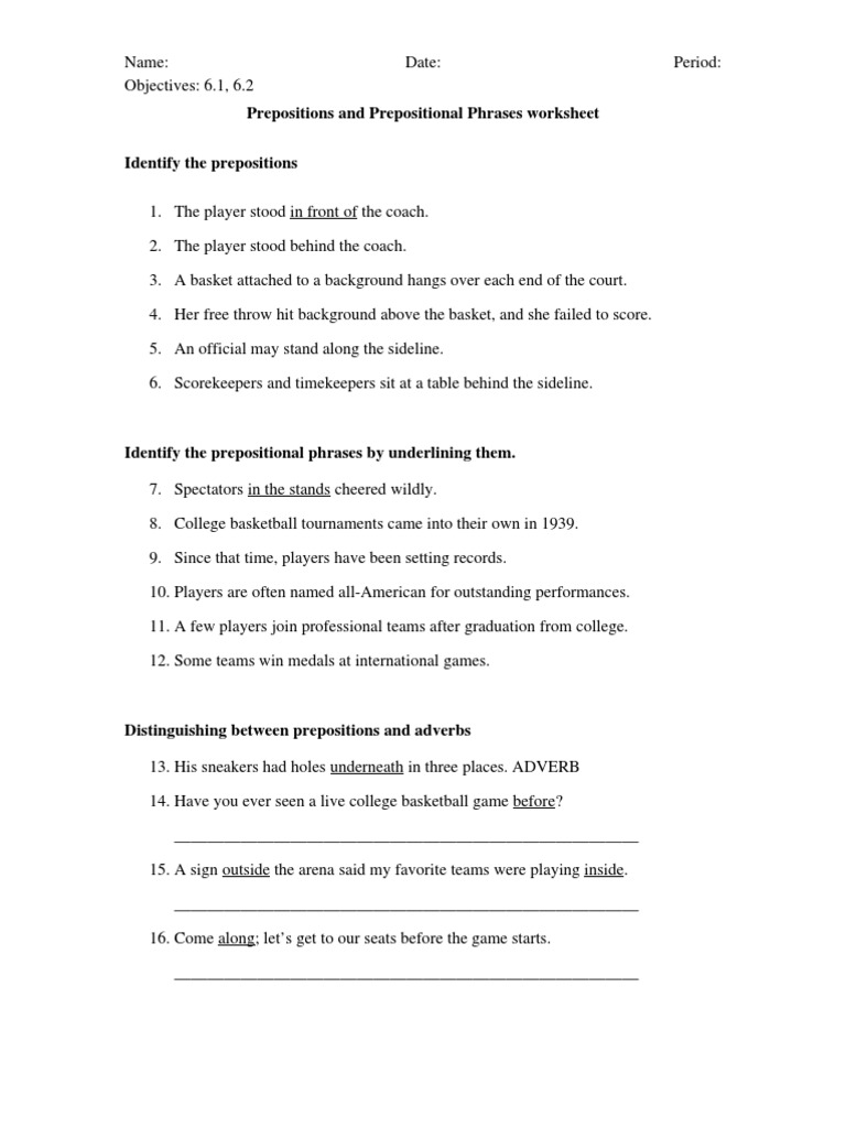 Prepositions and Phrases Worksheet | PDF | Games & Activities ...