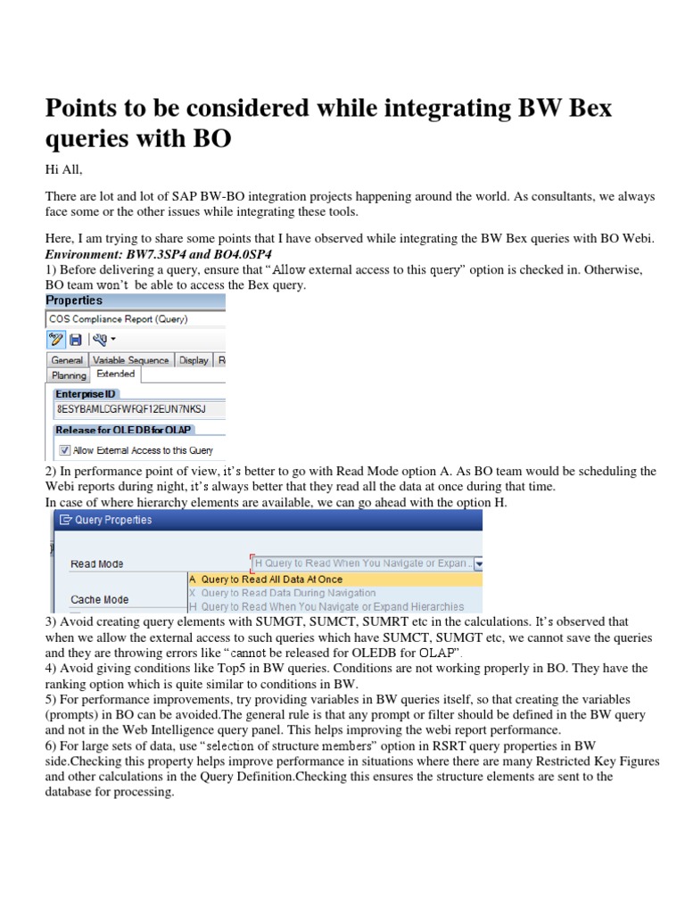 Points To Be Considered While Integrating BW Bex Queries With BO | PDF | Information Retrieval ...
