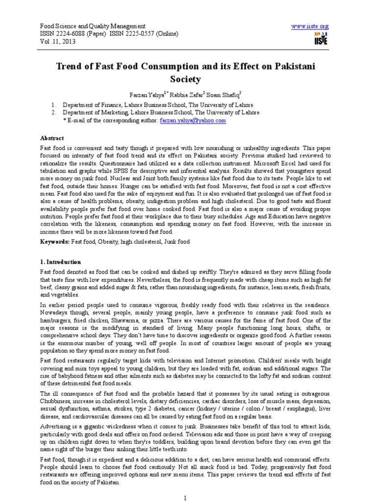 Trend of Fast Food Consumption and Its Effect On Pakistani Society ...