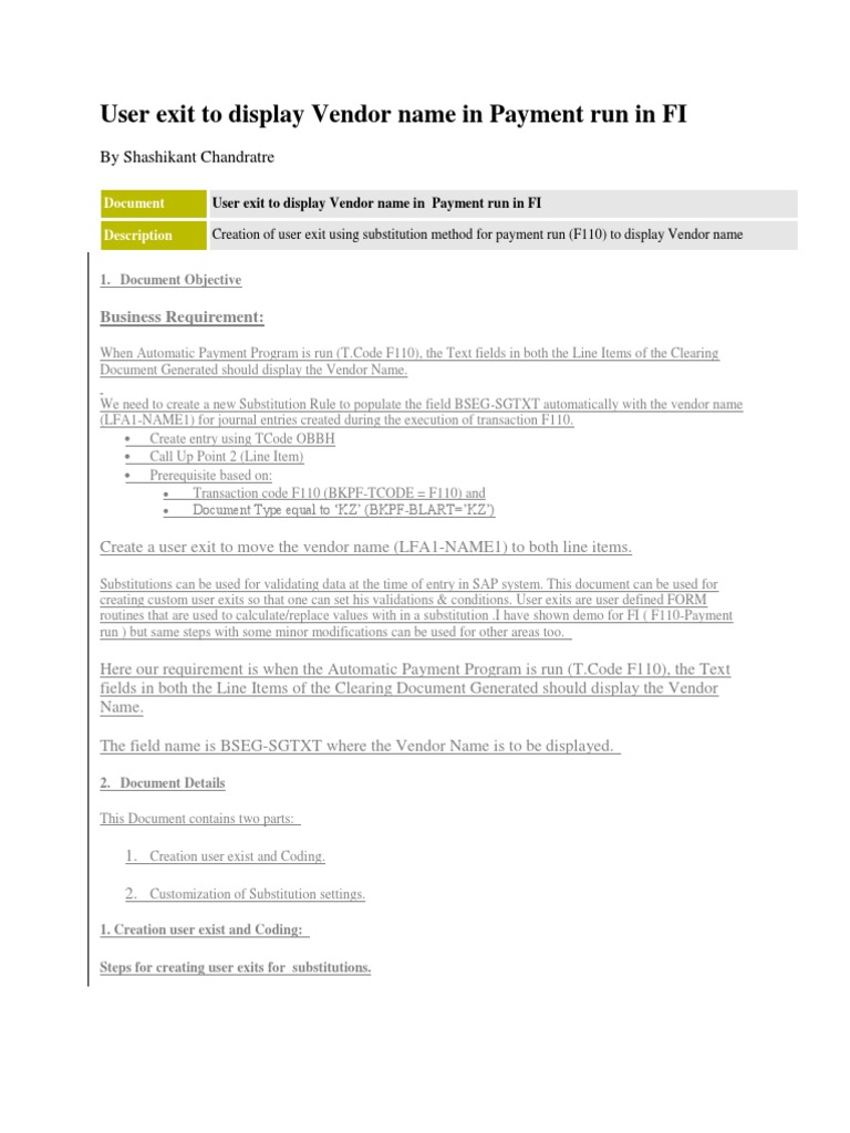 User Exit To Display Vendor Name in Payment Run in FI | PDF | Parameter ...
