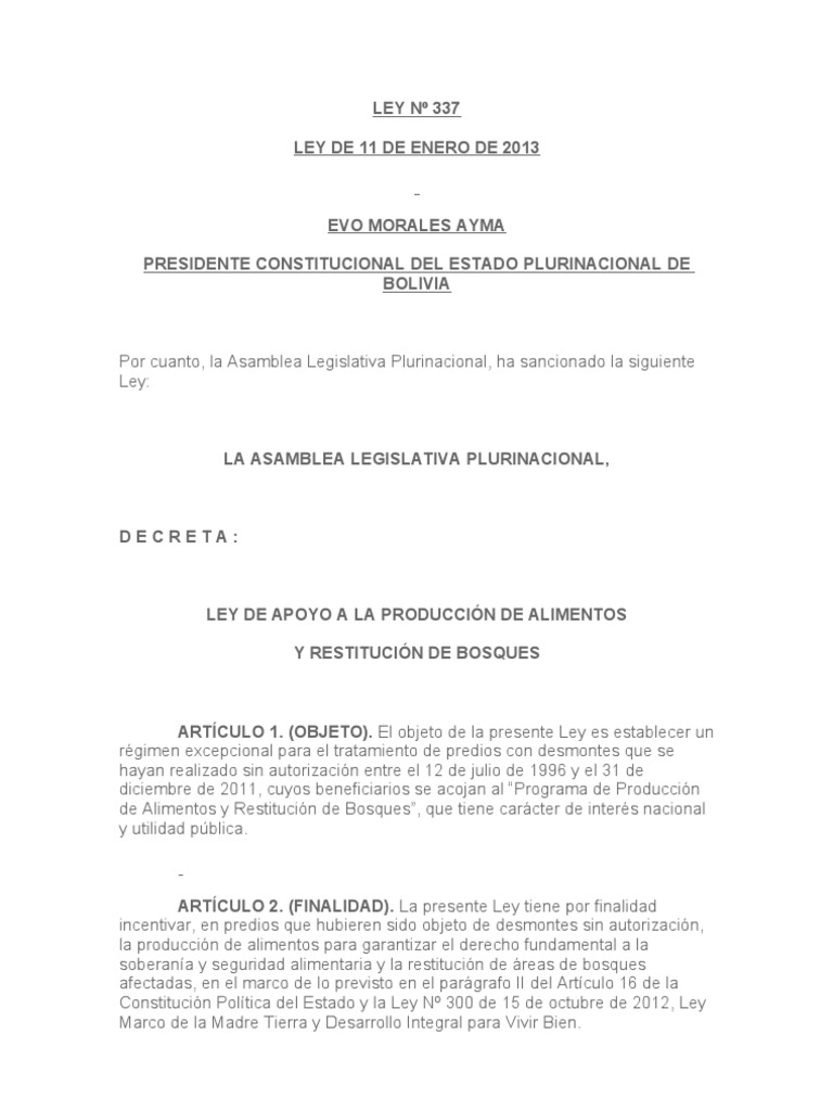 LEY #337 LEY DE APOYO A LA PRODUCCIÓN DE ALIMENTOS y RESTITUCIÓN DE BOSQUES | PDF | Los bosques ...